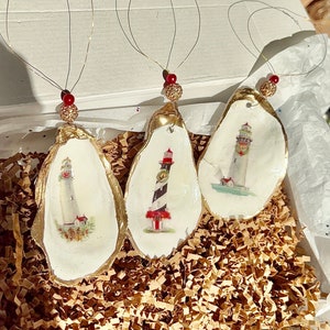 Festive Holiday Lighthouse Oyster Shell Ornament. Beach Christmas ...