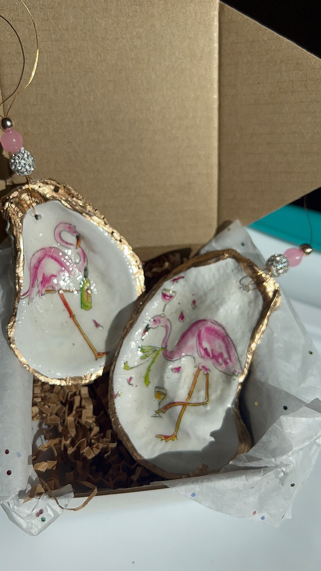 Drinking Pink Flamingos Oyster Shell Ornament. Tropical Christmas ...