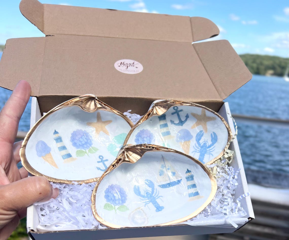 Coastal Coquette Shell Jewelry Dish - Decoupaged Shell Tray Coastal ...