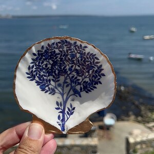Blue and White Tree Design Shell Dish. Whimsical Decoupaged Clam Shell ...