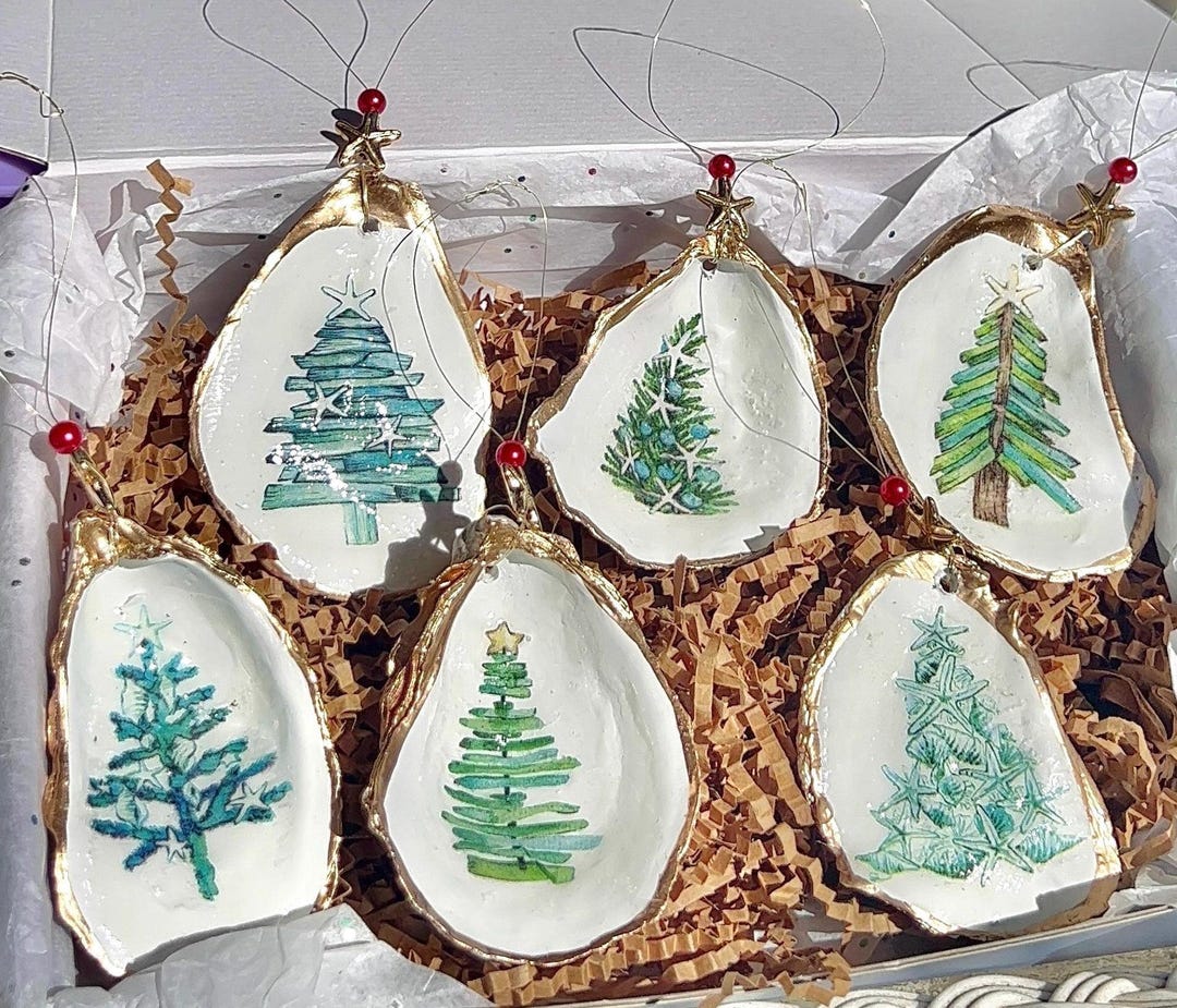 Coastal Christmas Tree Oyster Ornament. Decoupaged Shell Christmas ...