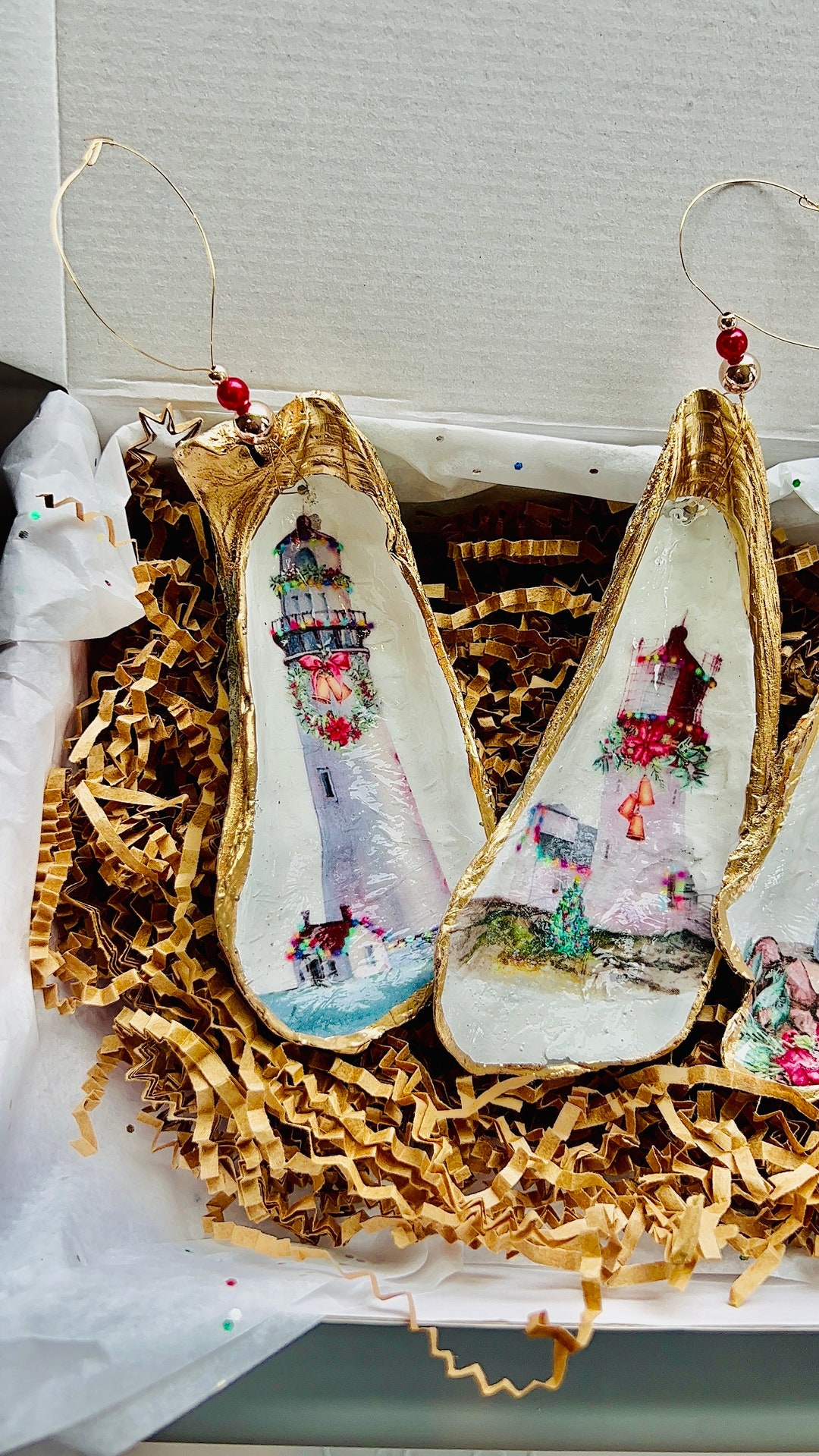 Lighthouse Oyster Shell Christmas Ornament. Holiday Festive Lighthouse ...