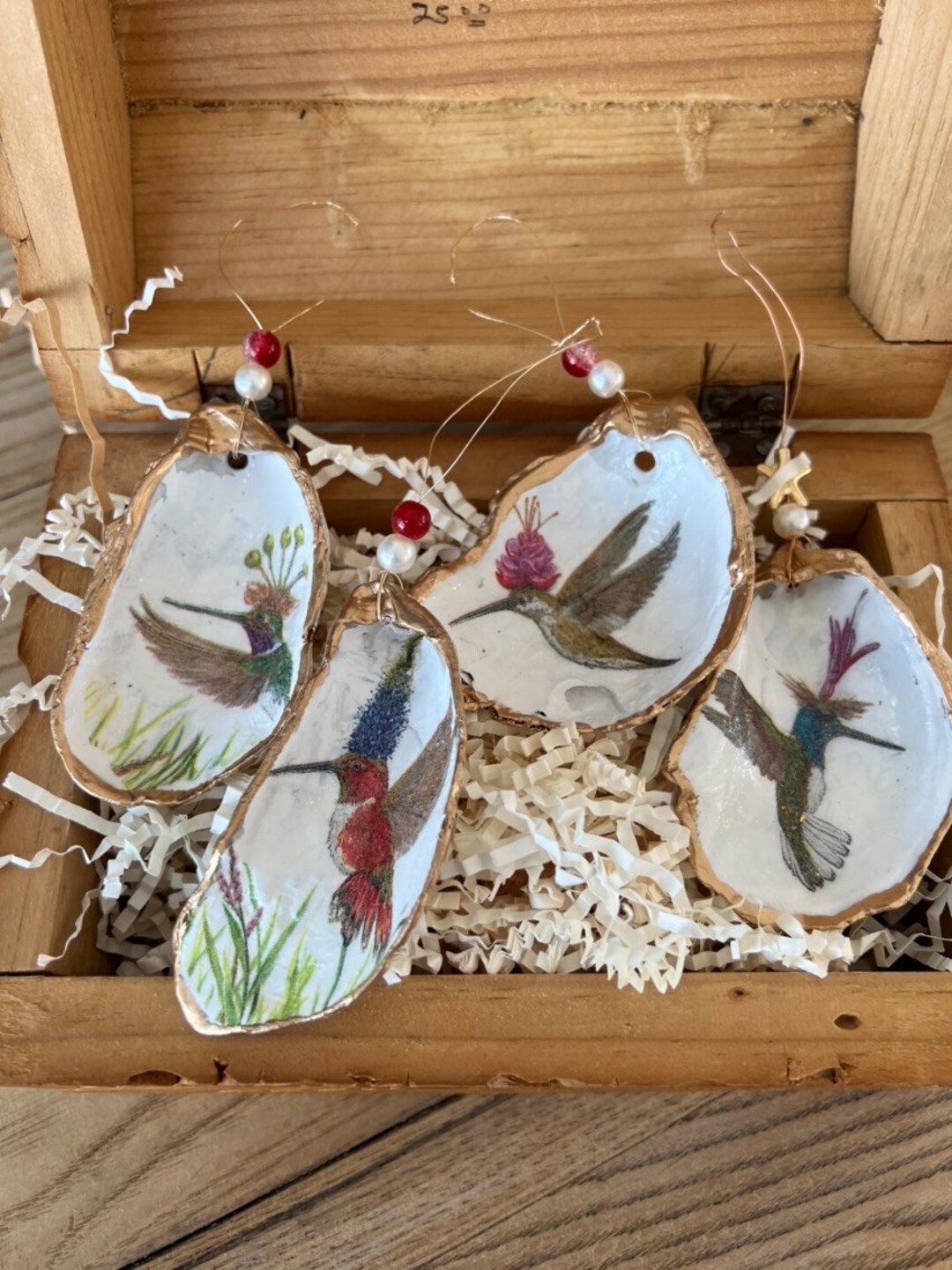 Hummingbird Ornament Set. Hummingbird Christmas Ornaments. Oyster Shell ...