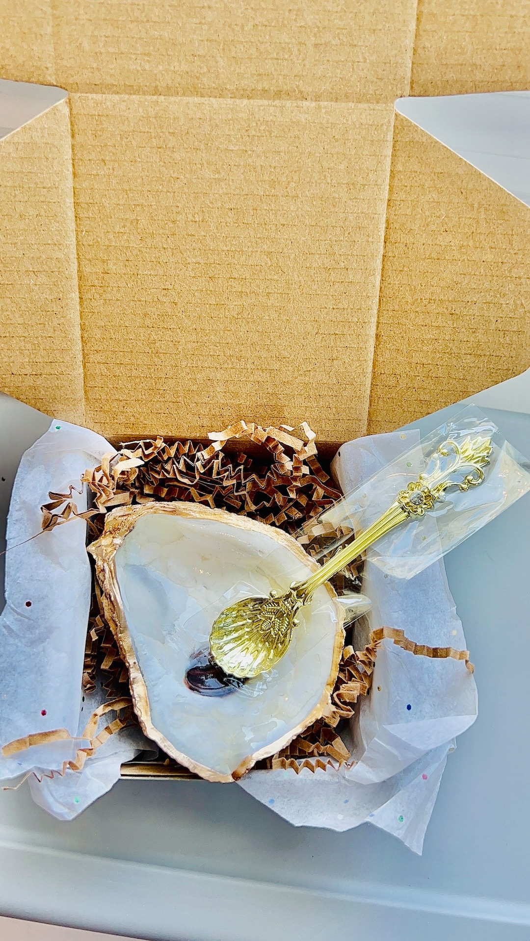 Oyster Shell Salt and Pepper Cellar With Gold Spoon. Wedding or Bridal ...