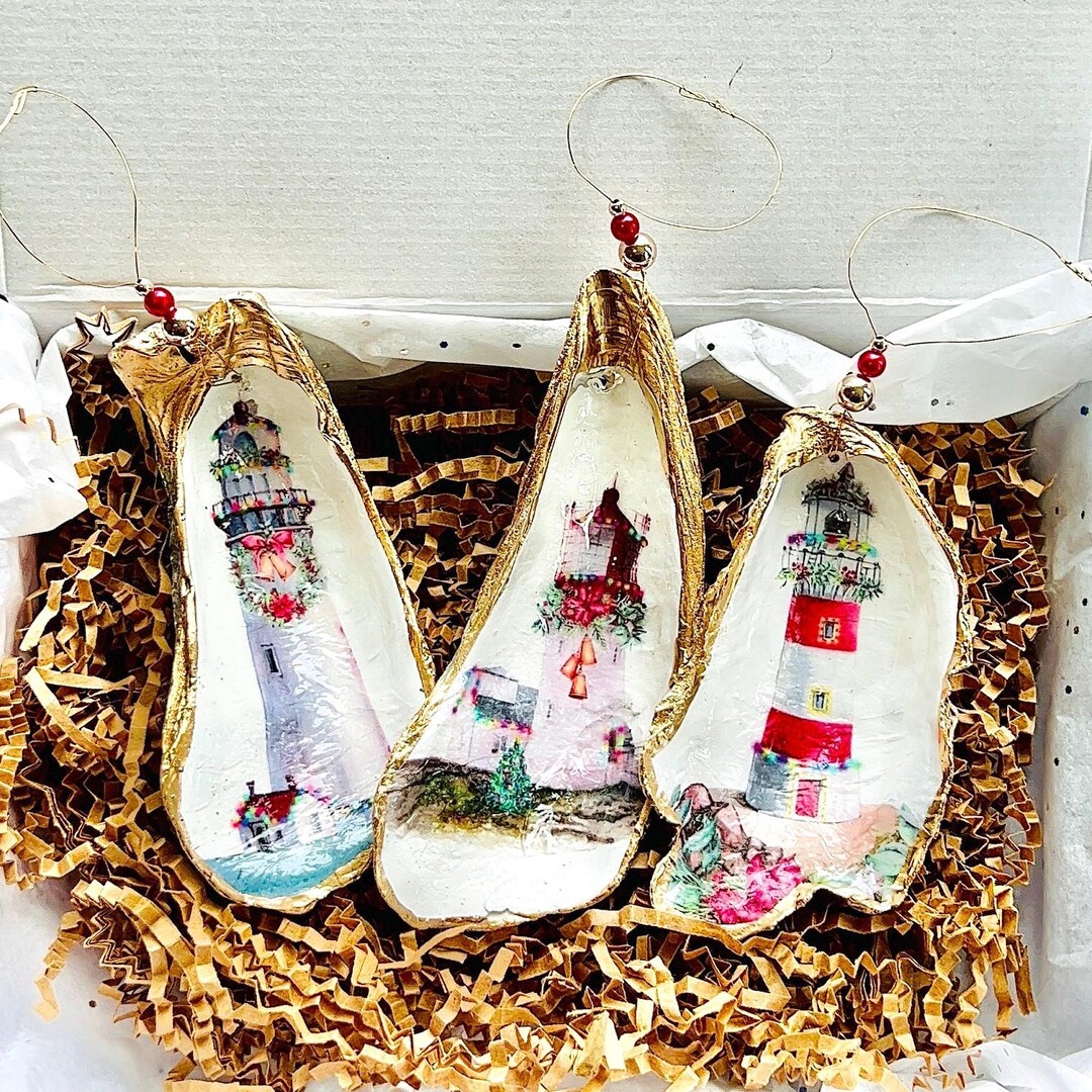 Lighthouse Oyster Shell Christmas Ornament. Large Holiday Lighthouse ...