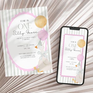 Editable One Silly Goose Birthday Invitation Template Girl 1st Birthday ...