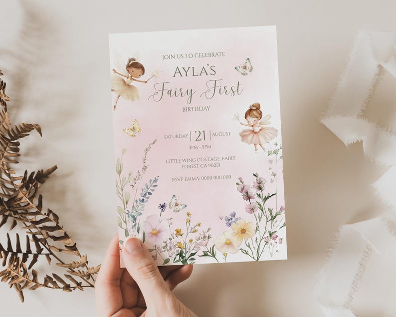 Editable Fairy First Birthday Invitation Enchanted Garden Party Invite ...