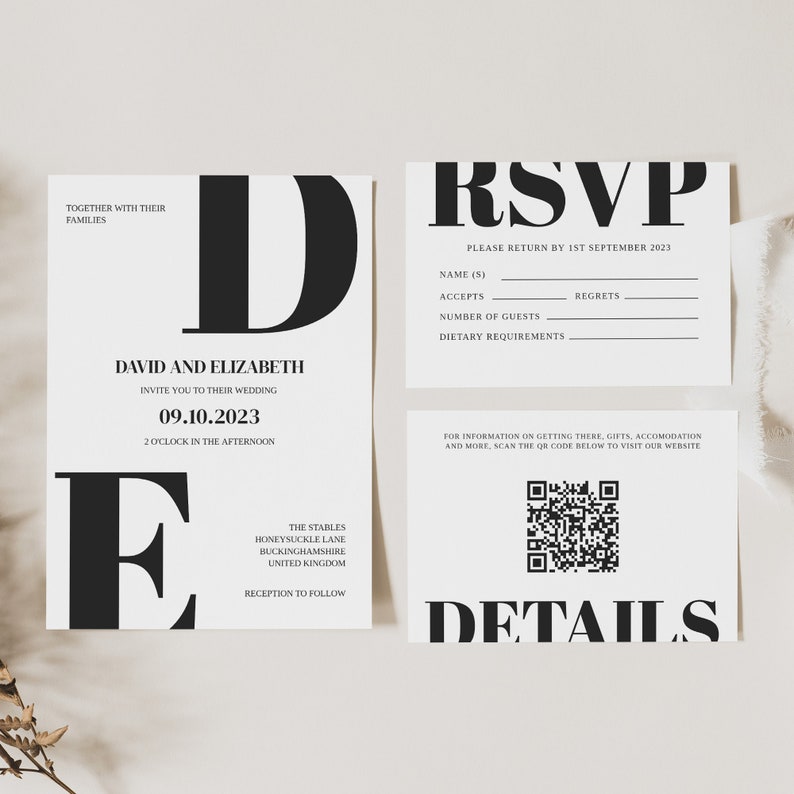 Modern Black Wedding Invitation, Printable Wedding Invitation, Modern ...