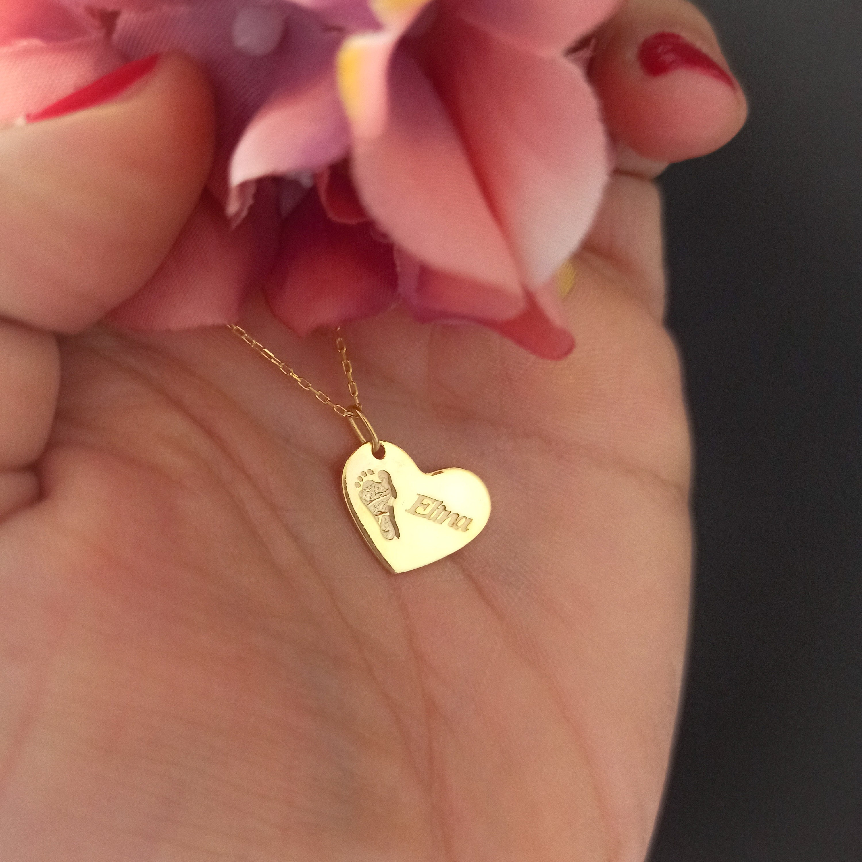 10k 14k 18k Solid Gold Footprint Stamped Named Heart Necklace - Etsy