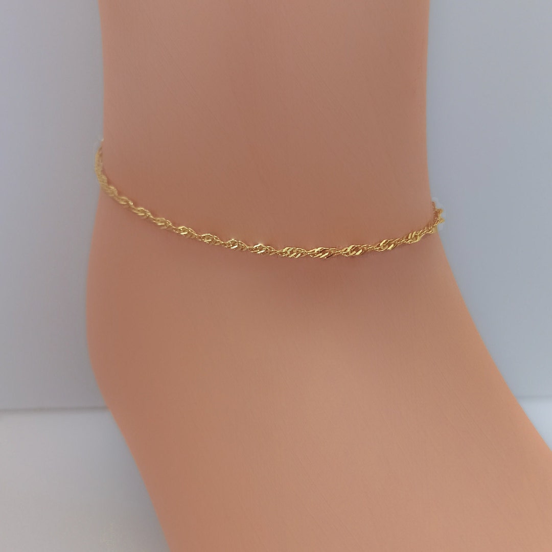 14k Solid Gold Rope Chain Anklet, Gold Singapur Chain Anklet, Singapore ...