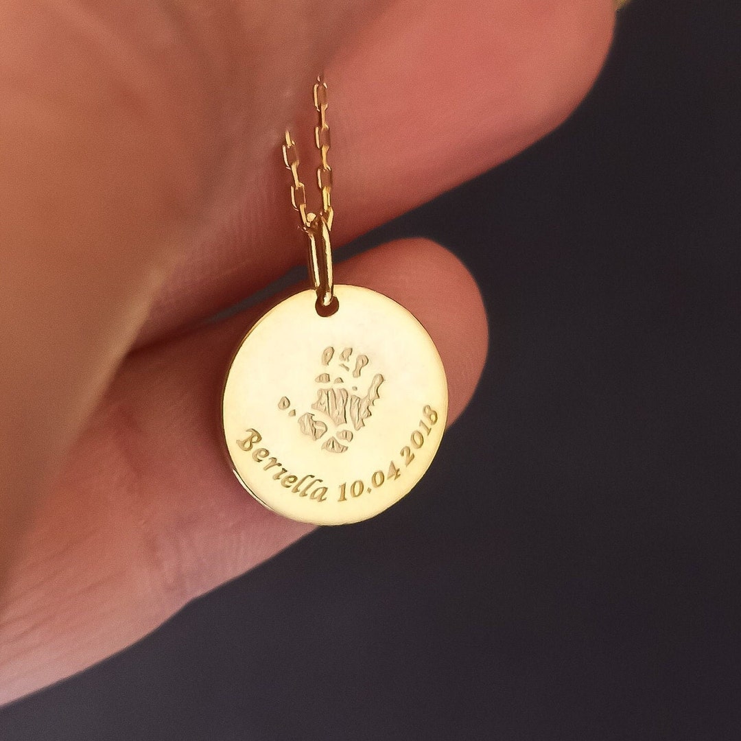 10k 14k 18k Solid Gold Handprint Stamped Named Necklace, Handprint ...