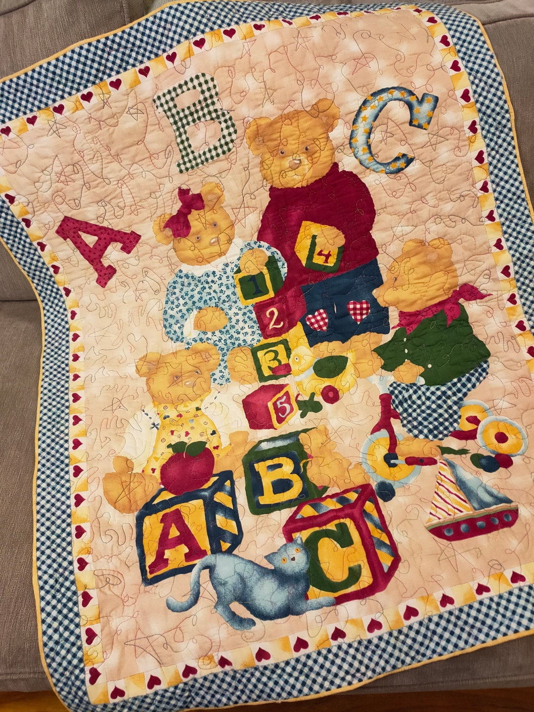 VINTAGE TEDDY BEAR Family Abc Baby Blanket, Cot Bedding, Quilt, Vintage ...