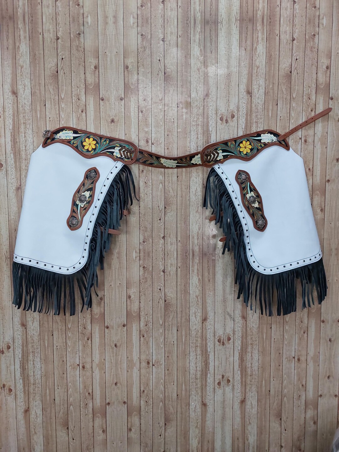 Custom Handmade Leather Chinks – White Black Fringe With Feather ...