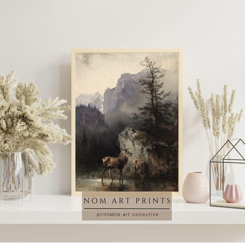 Vintage Rustic Deer Painting Print Antique Mountain Forest Trees Oil ...