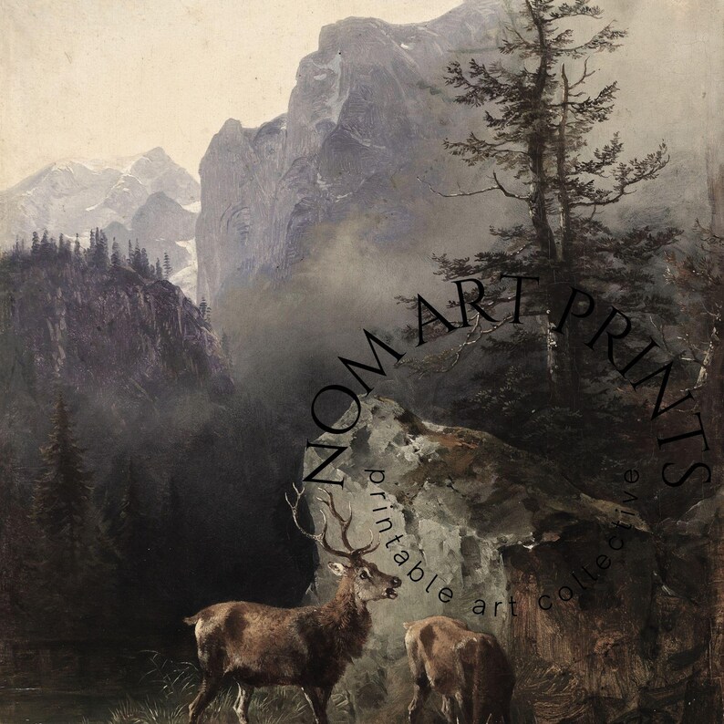 Vintage Rustic Deer Painting Print Antique Mountain Forest Trees Oil ...