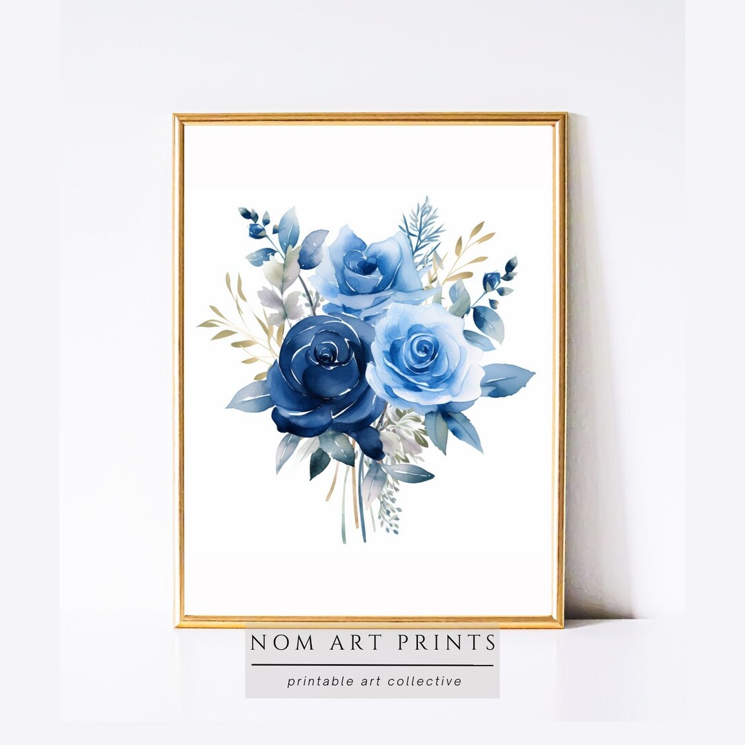 Rose Flower Art Print, Blue Rose Bouquet Flower Art, June Birth Flower ...