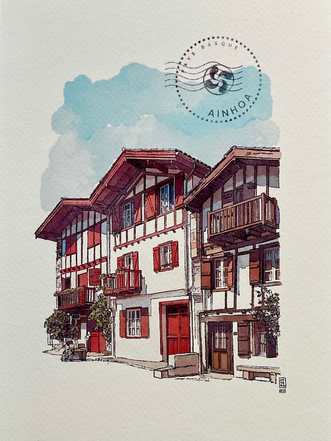 Watercolor Village of Ainhoa / Travel Diary Basque Country / Art Print ...