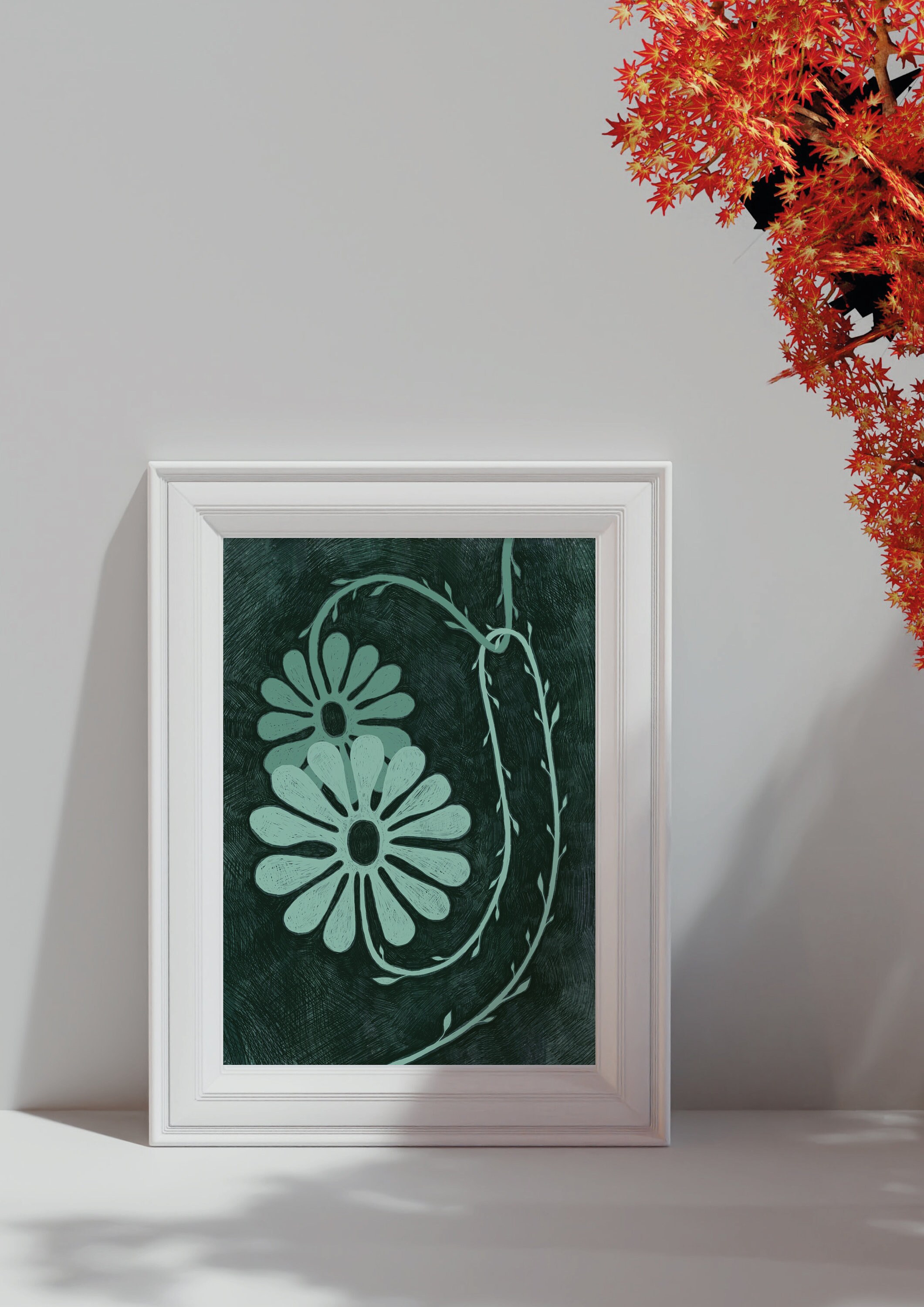 Flower Wall Art Emerald Green Poster Abstract Plant Print Cool - Etsy
