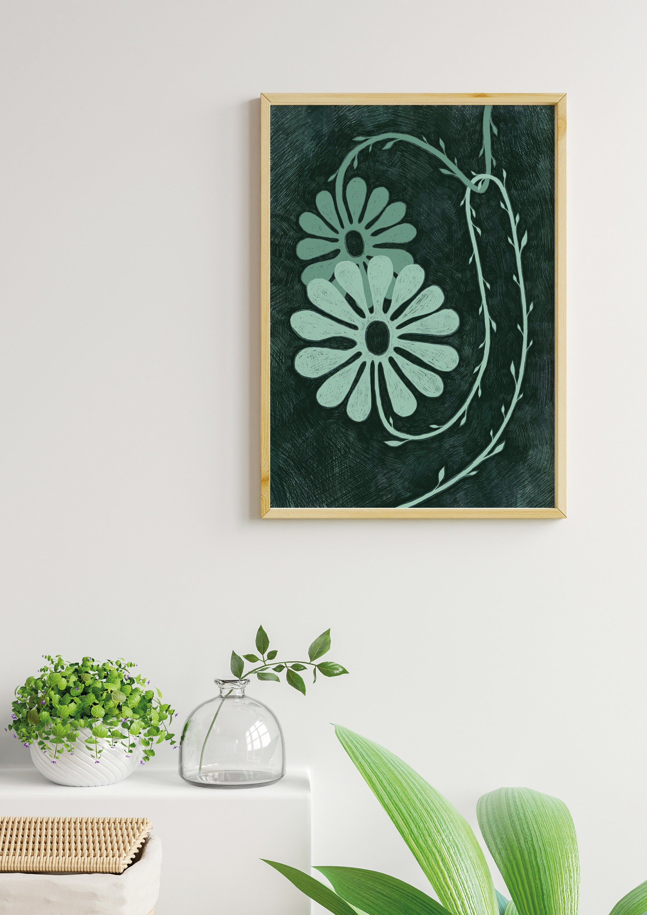 Flower Wall Art Emerald Green Poster Abstract Plant Print Cool - Etsy