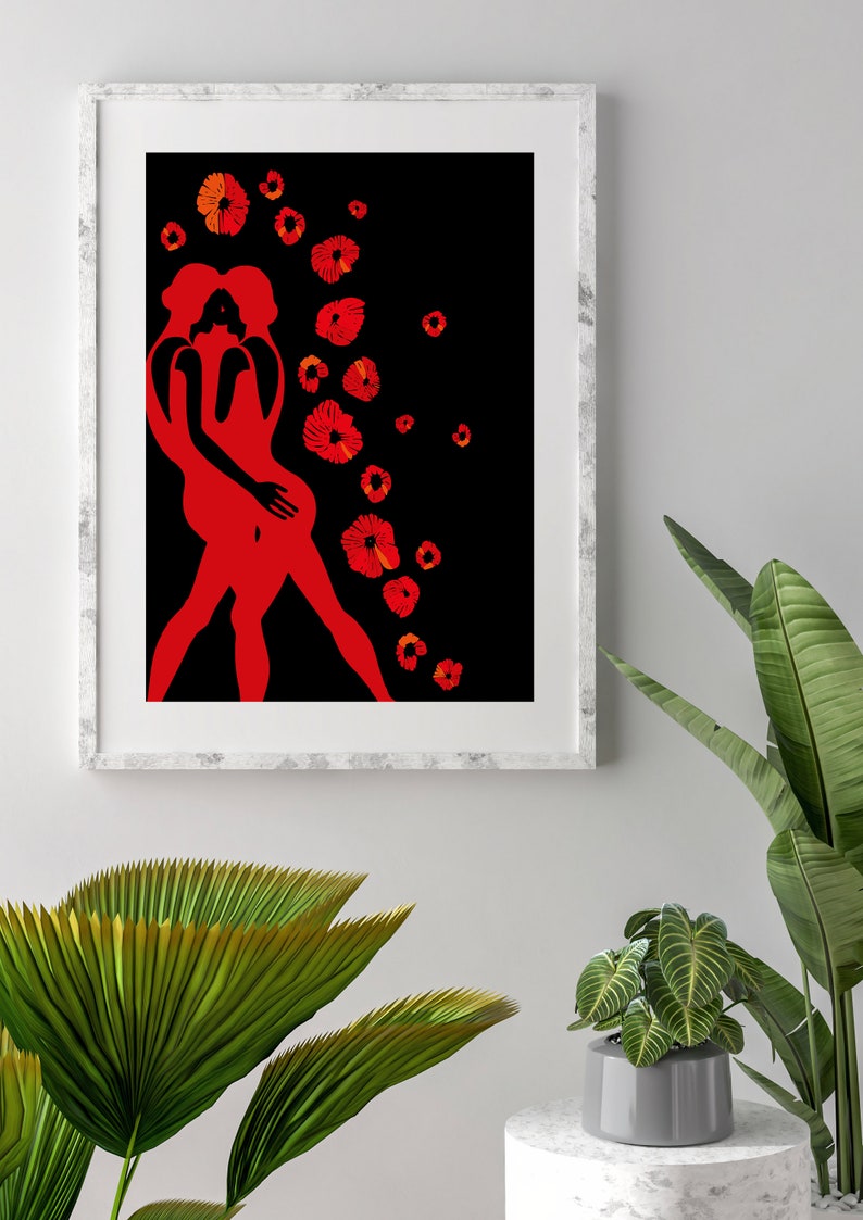 Two Girls Kissing Black and Red Print Subtle Lesbian Lovers Wall Art WLW Poster Queer Digital ...