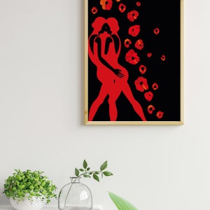 Two Girls Kissing Black and Red Print Subtle Lesbian Lovers Wall Art WLW Poster Queer Digital ...
