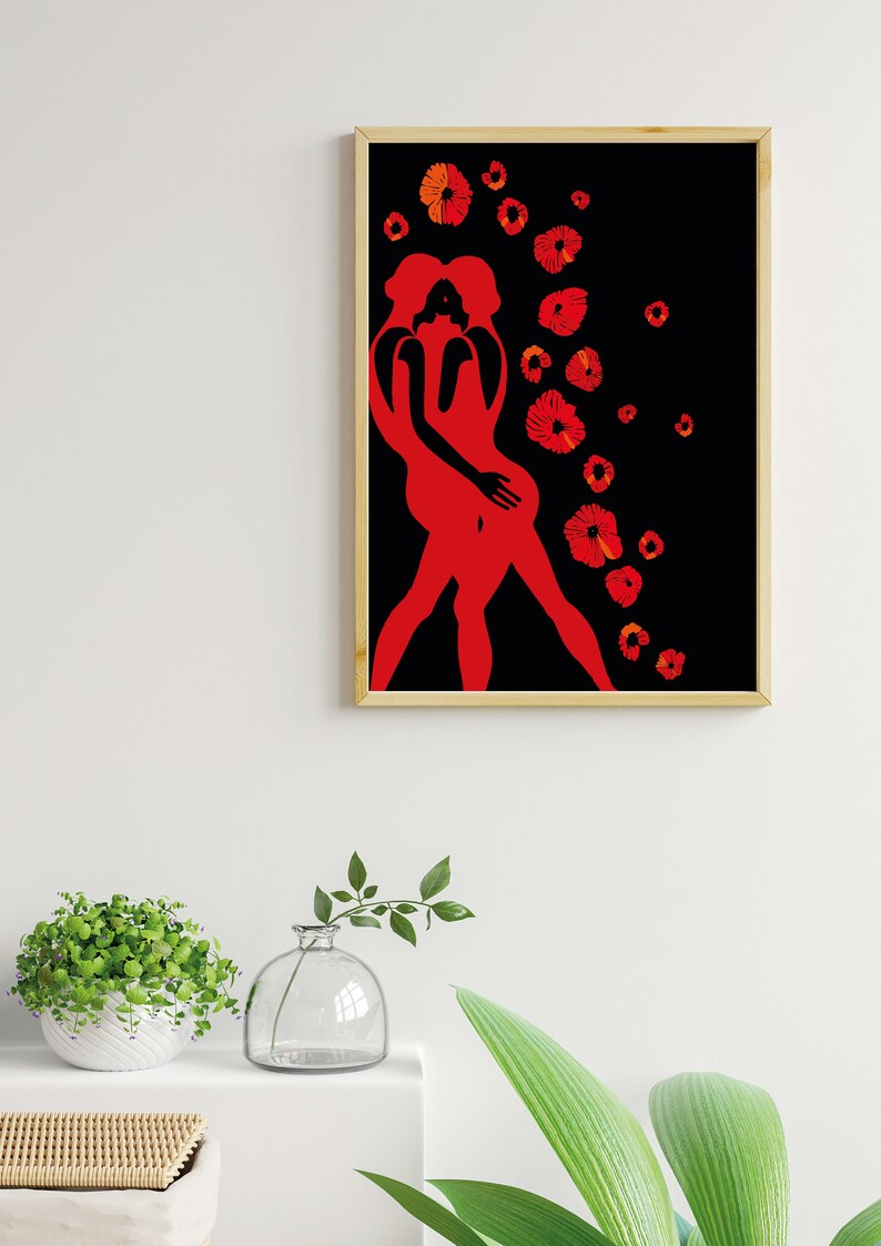 Two Girls Kissing Black and Red Print Subtle Lesbian Lovers Wall Art WLW Poster Queer Digital ...