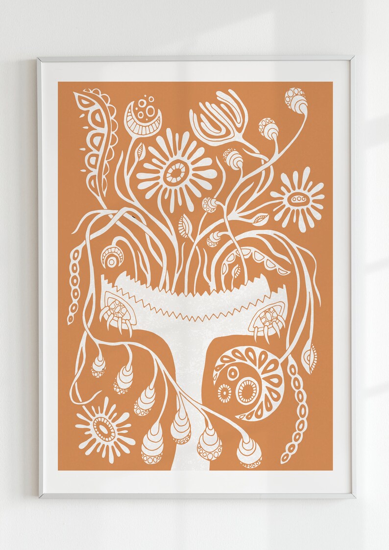 Abstract Botanical Flowers Poster Digital Download Burnt Orange Wall ...