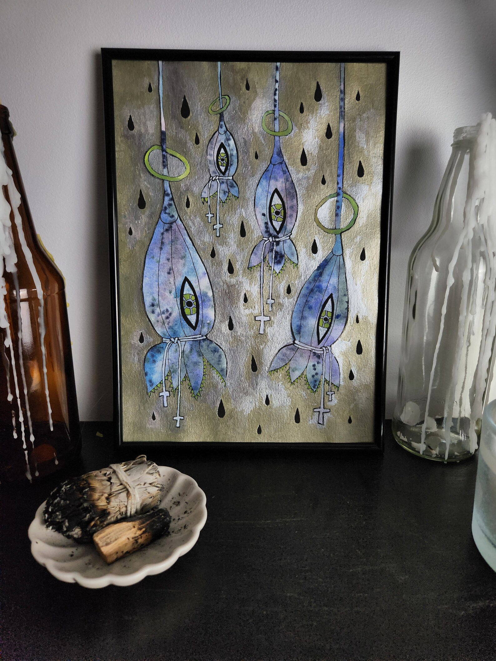 Blue Flowers Original Art Painting on A4 Paper Silver Metallic Acrylic ...