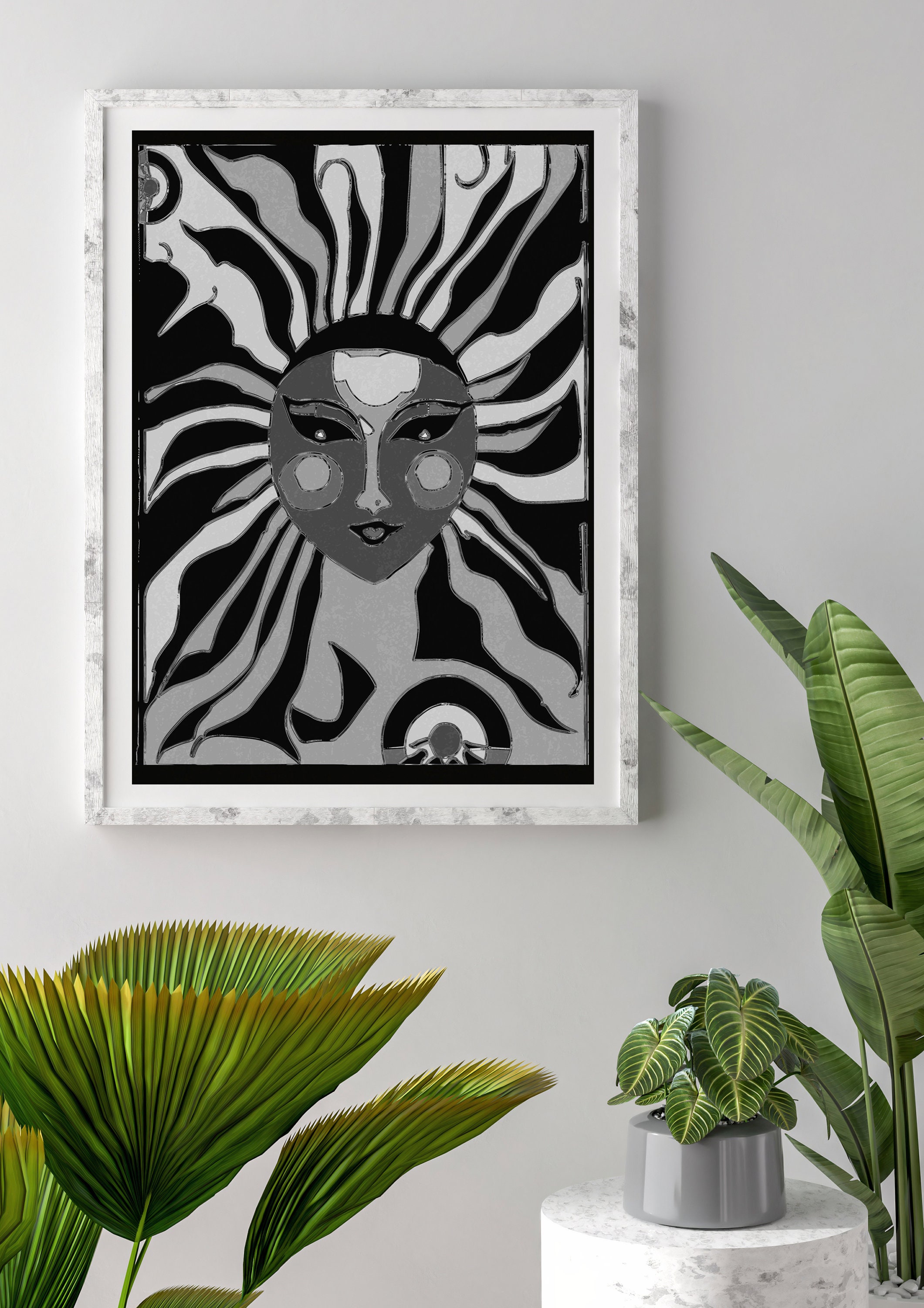Silver Sun Art Chrome Effect Poster Textured Celestial Print Slavic ...