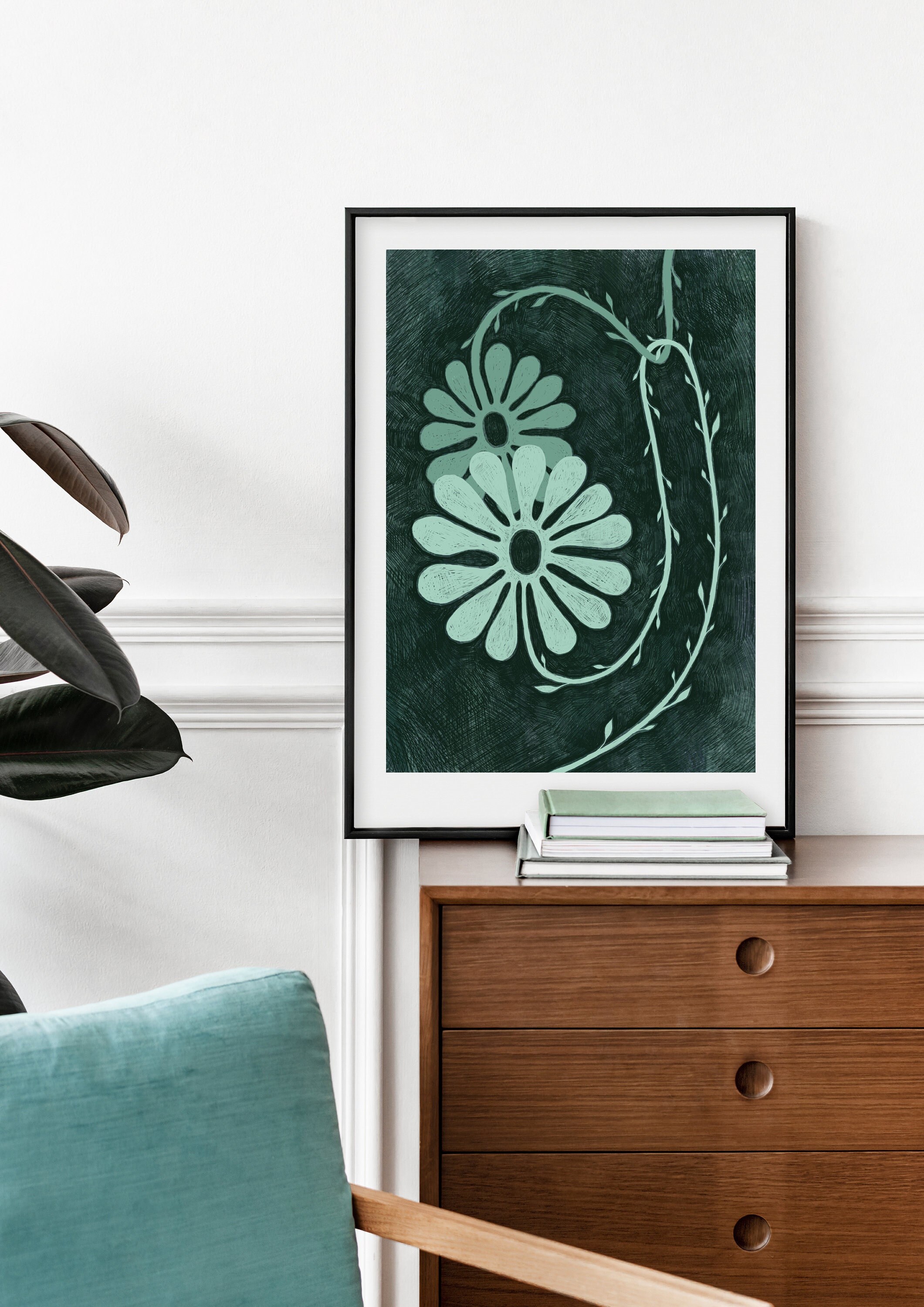 Flower Wall Art Emerald Green Poster Abstract Plant Print Cool - Etsy