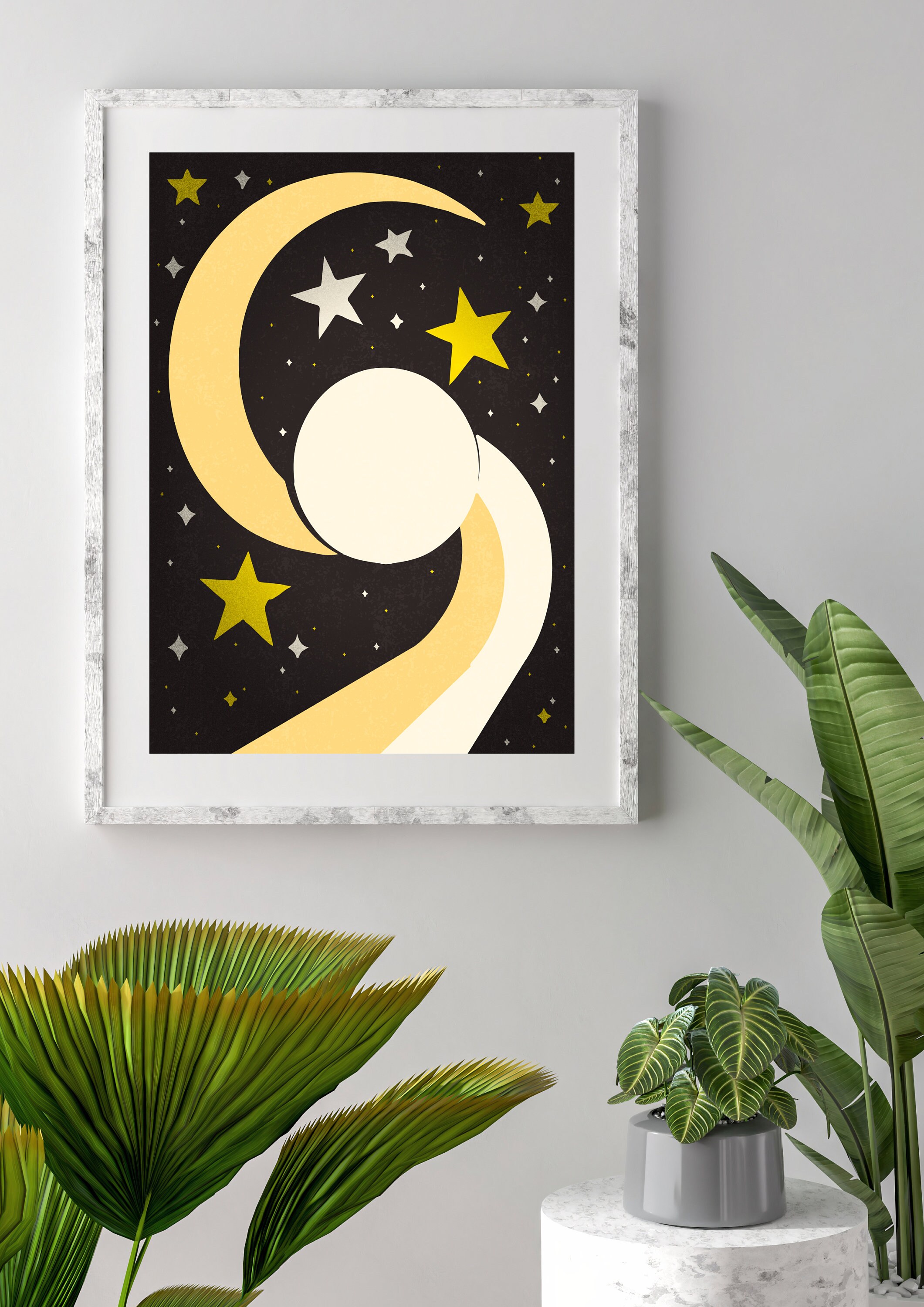 Yellow Sun Moon Star Art Night Sky Trendy Retro Poster Astronomy Wall ...