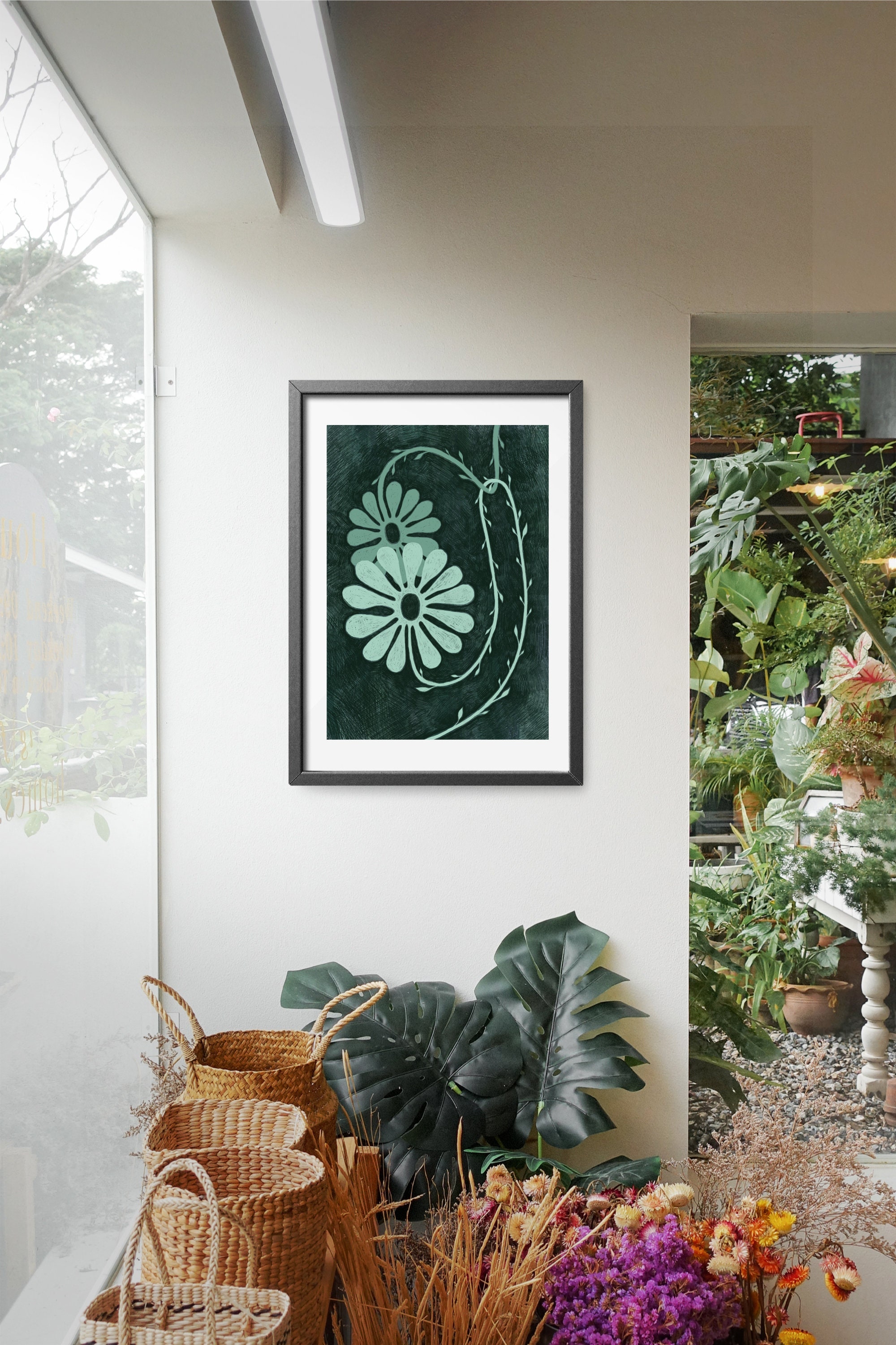 Flower Wall Art Emerald Green Poster Abstract Plant Print Cool - Etsy