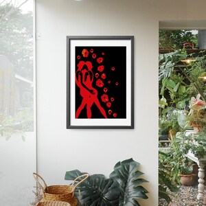 Two Girls Kissing Black and Red Print Subtle Lesbian Lovers Wall Art WLW Poster Queer Digital ...