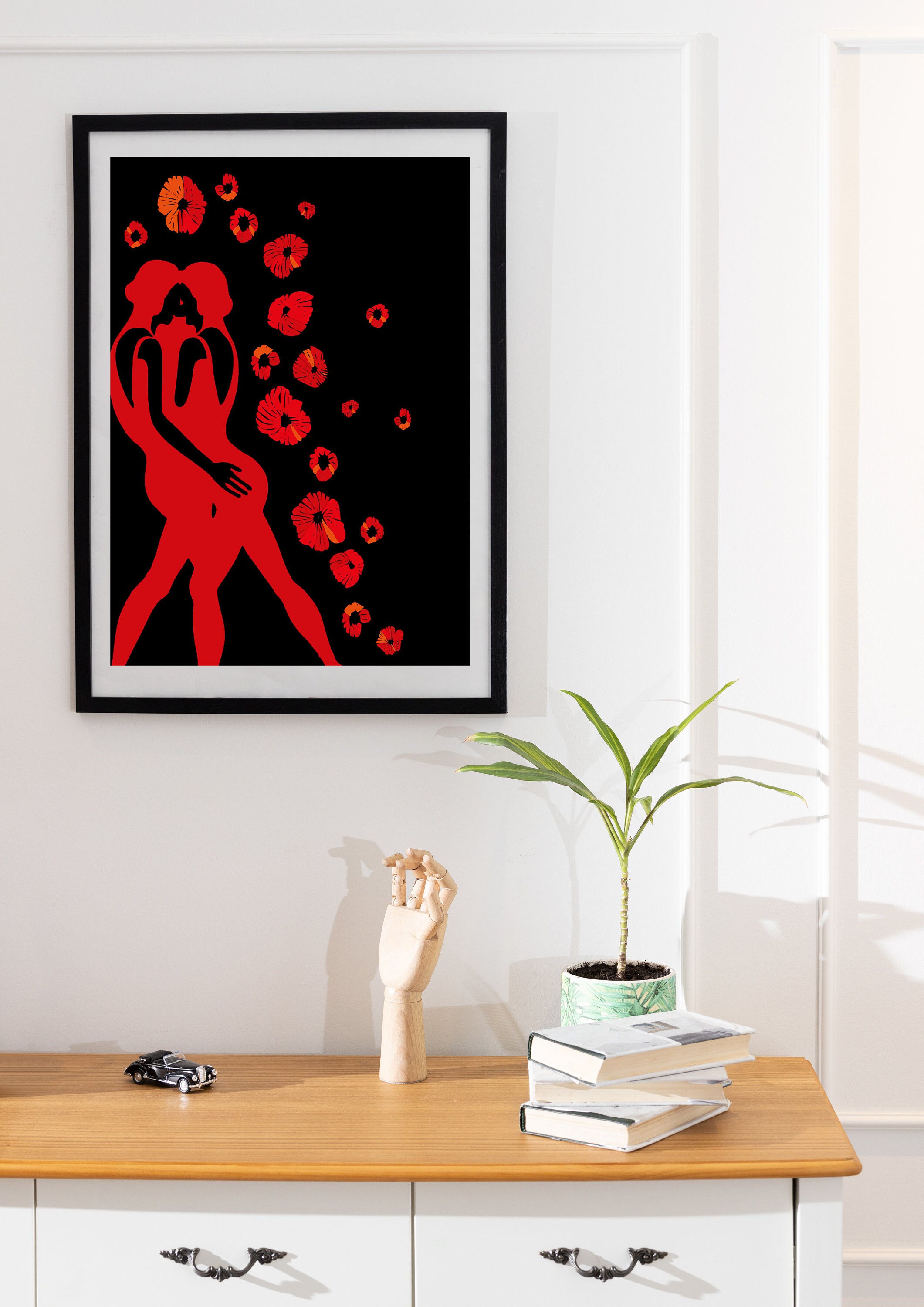 Two Girls Kissing Black and Red Print Subtle Lesbian Lovers Wall Art WLW Poster Queer Digital ...