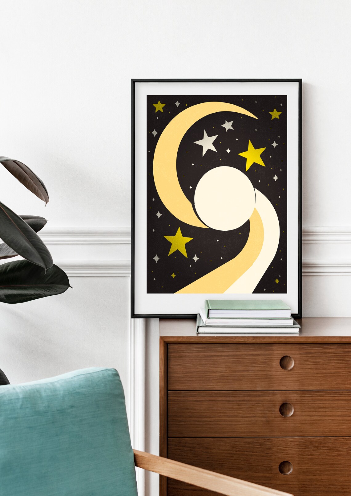 Yellow Sun Moon Star Art Night Sky Trendy Retro Poster Astronomy Wall ...
