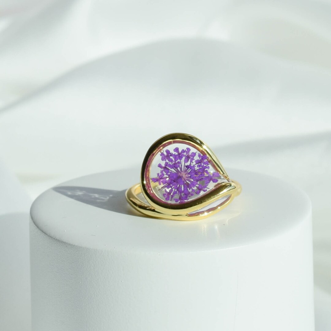 Real Lace Flower Adjustable Ring, Pressed Flower Ring, Dried Flower ...