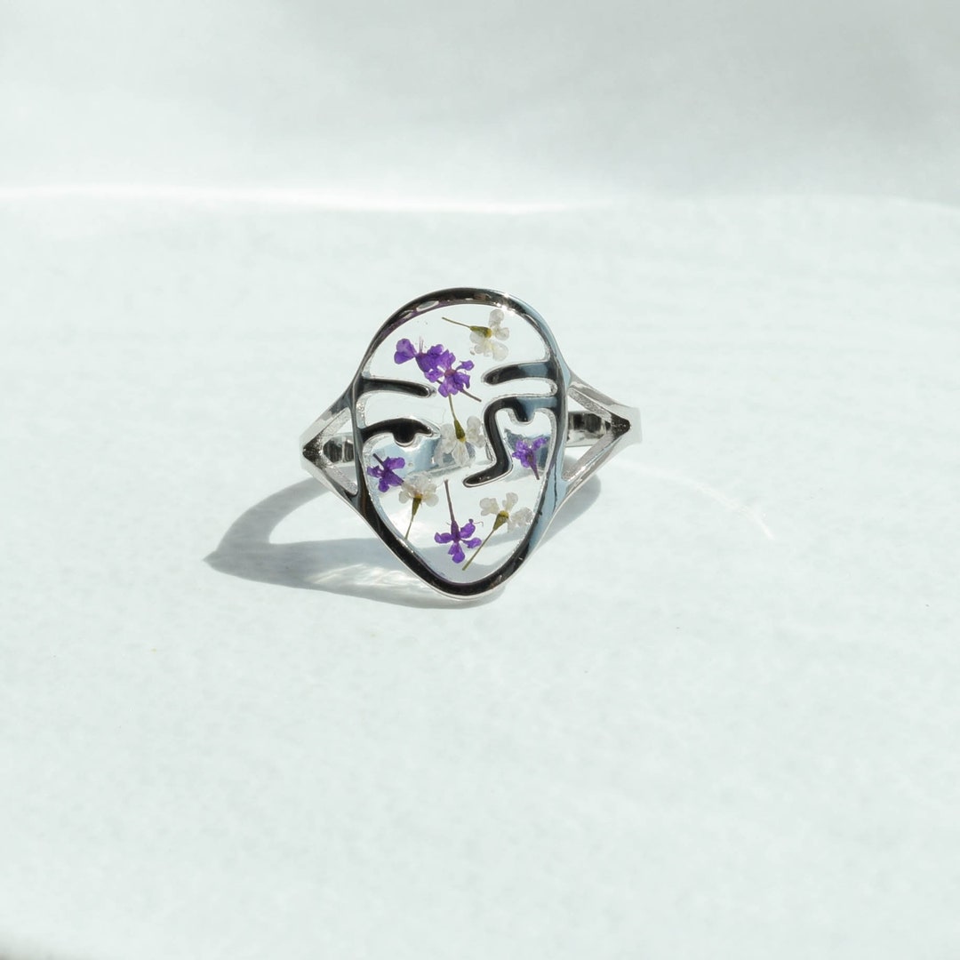 Adjustable Real Lace Flower Ring, Abstract Handmade Ring, Pressed ...