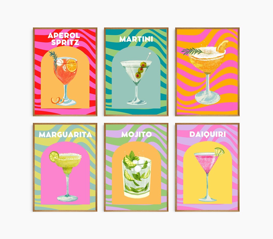 Cocktail Gallery Wall Art Set of 6, Retro Colorful Print, Trendy Poster ...