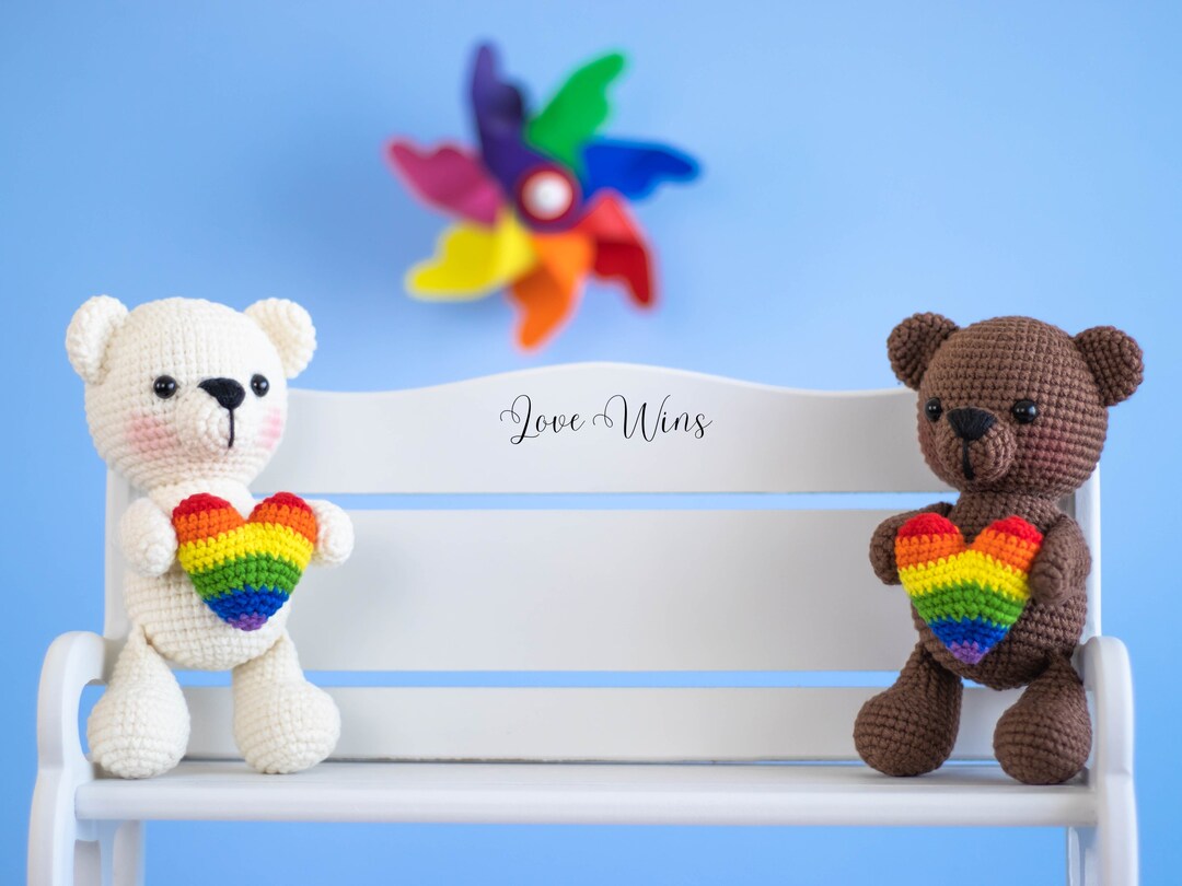 Crochet Teddy Bear Plush With LGBT Heart, Crochet Bear Toy, Knit Teddy ...