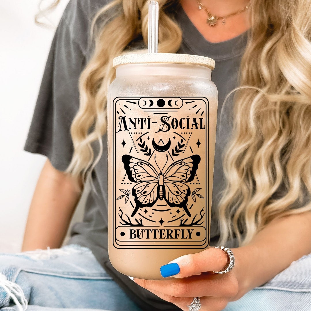 Anti Social Butterfly Tarot Card Frosted Beer Glass With Bamboo Lid ...