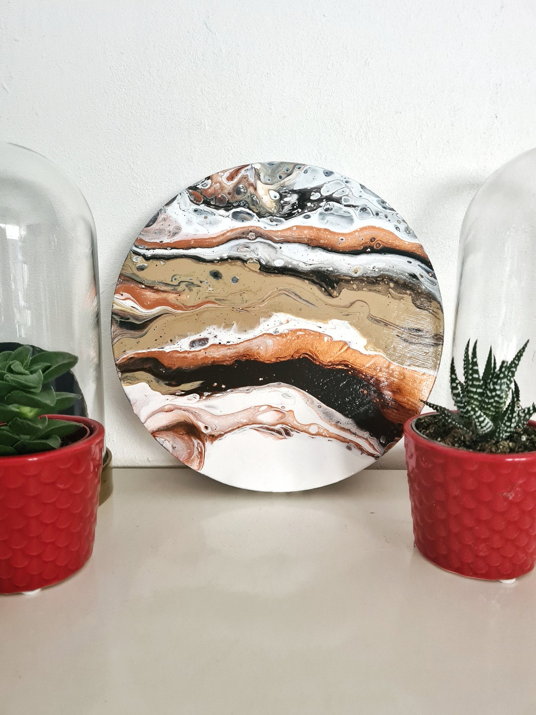 Abstract Acrylic Round Ocher and Copper Planet Effect pouring Unique ...
