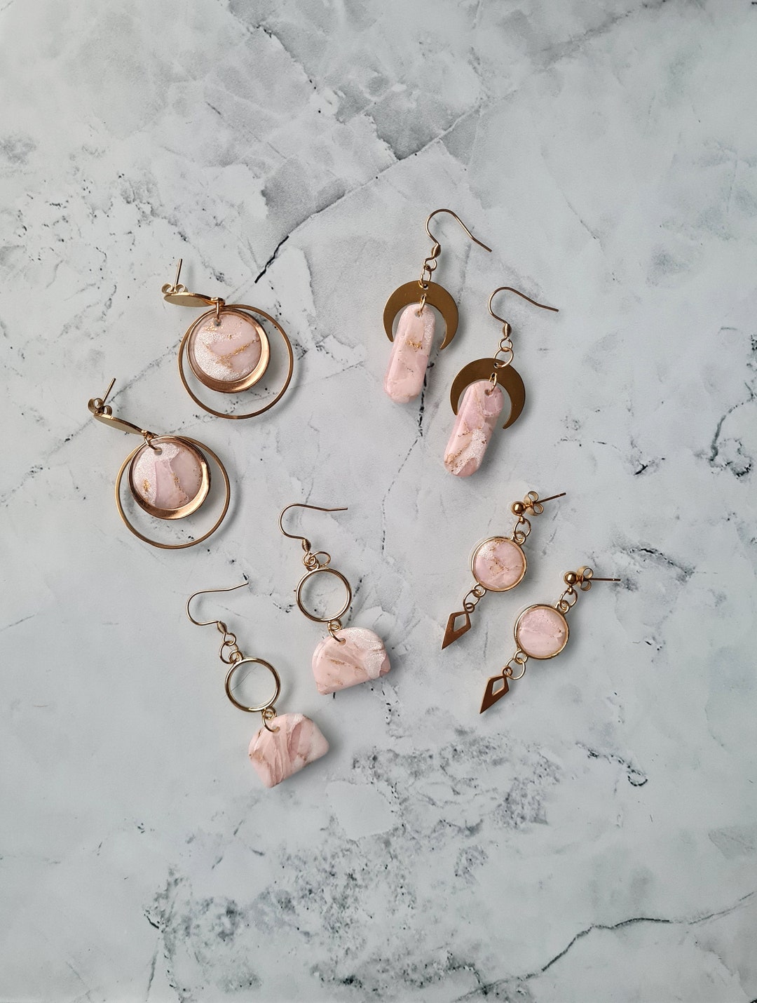 Boucles D'oreilles Rose Et or En Pâte Polymère Résine Et - Etsy