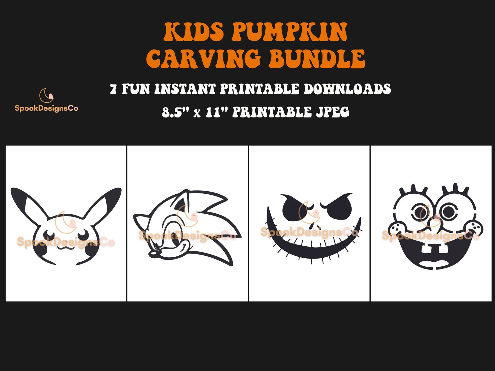 7 Printable Kids Jack-o-lantern Pumpkin Carving Stencil - Etsy
