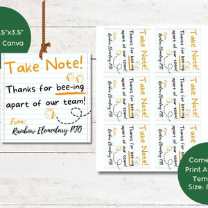 Editable Bee Teacher Appreciation Gift Tag | Bee Staff Gift | Take Note ...