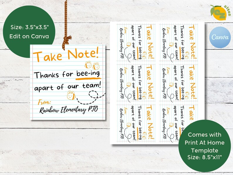 Editable Bee Teacher Appreciation Gift Tag | Bee Staff Gift | Take Note ...