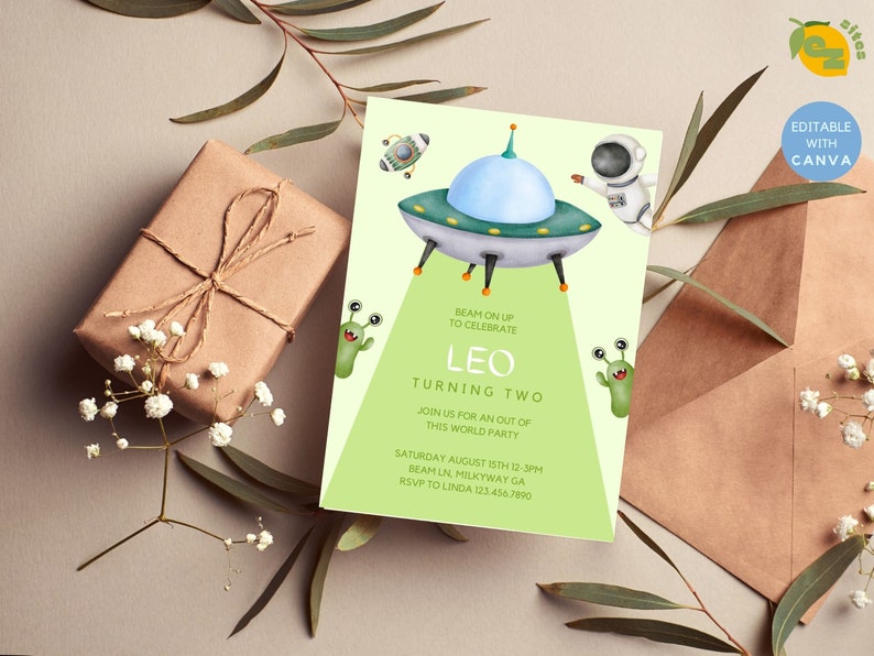 Editable Boys Alien Birthday Invitation | UFO Green Birthday Party ...