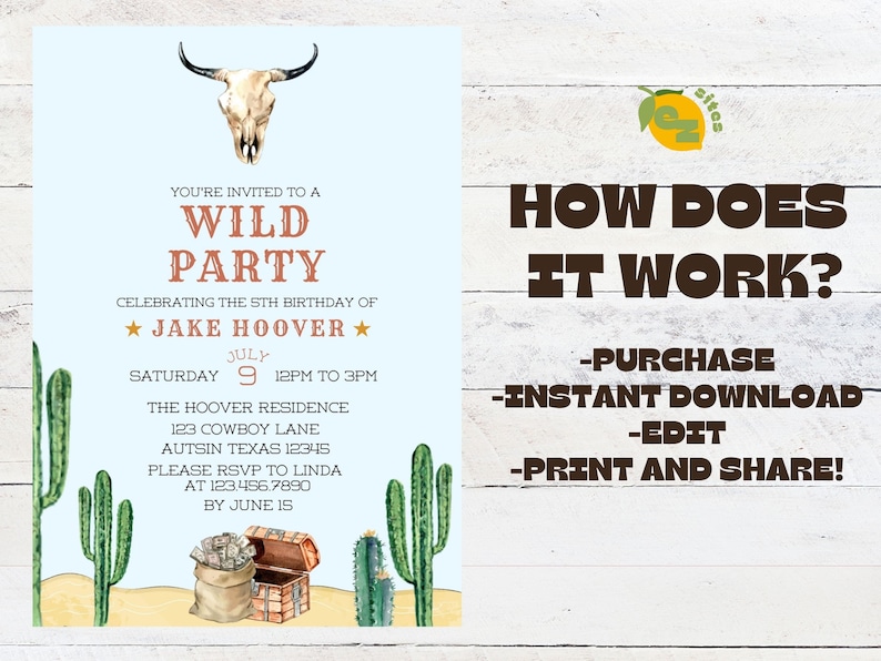 Wild West Birthday Invitation: Cowboy Party Template (canva Template ...