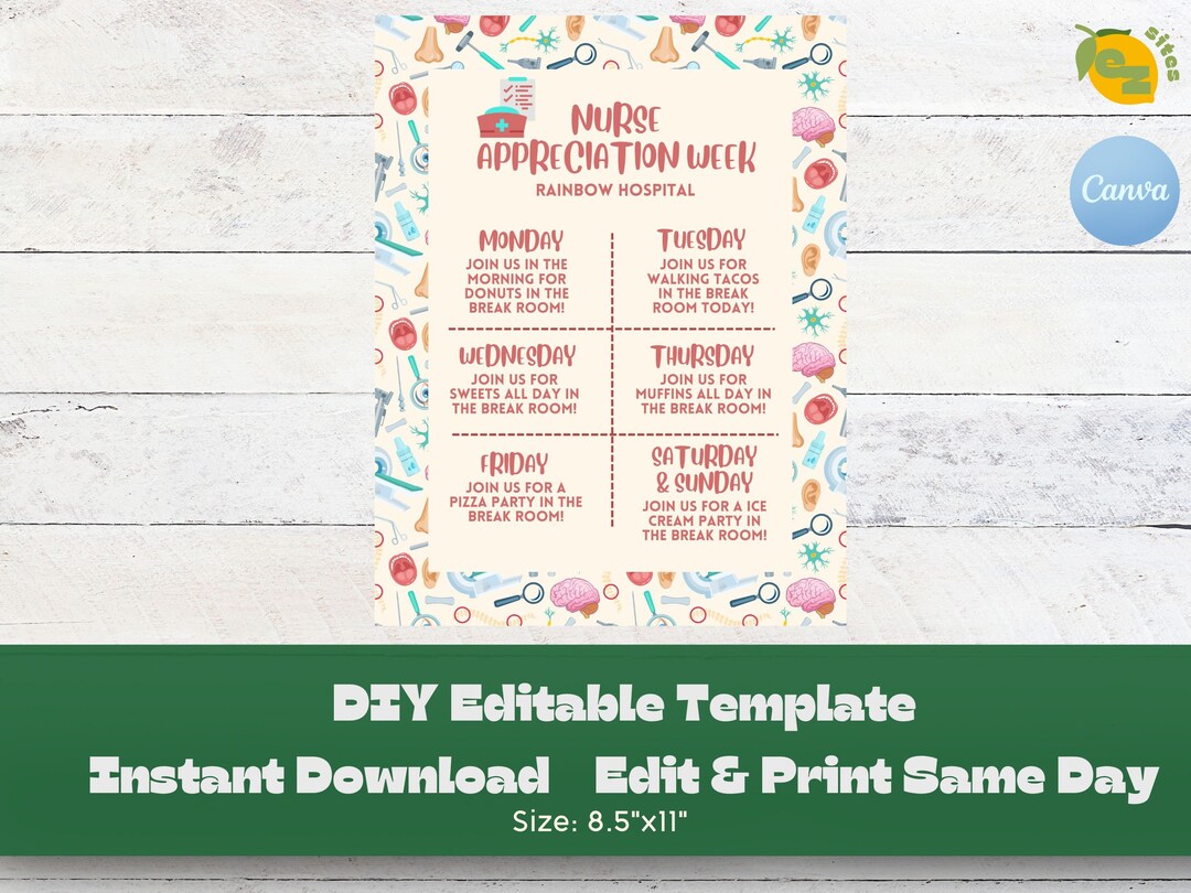 Editable Nurse Appreciation Week Itinerary Flyer (canva Edit, Printable ...