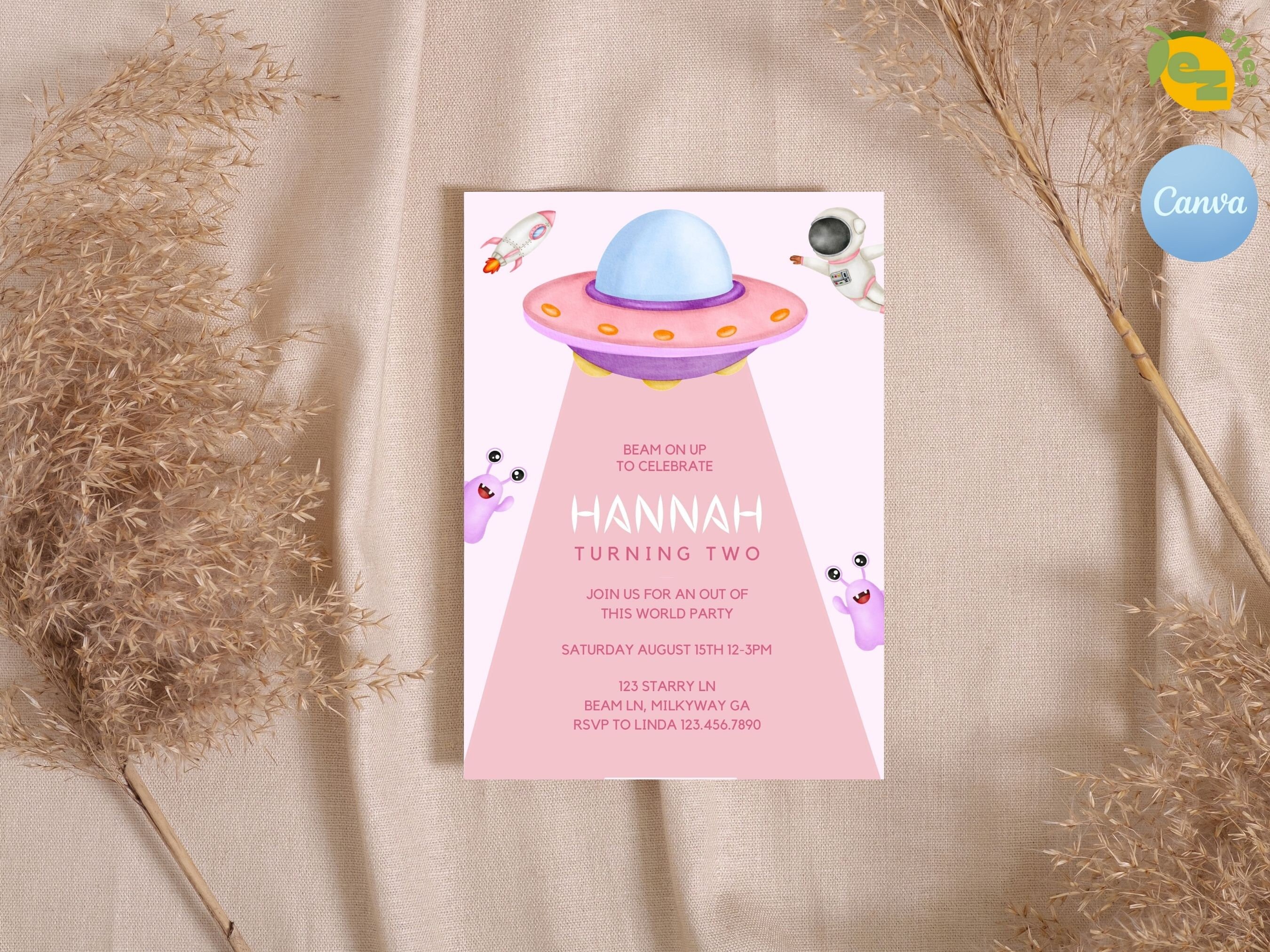 Editable Alien Birthday Invitation UFO Pink Birthday Party - Etsy