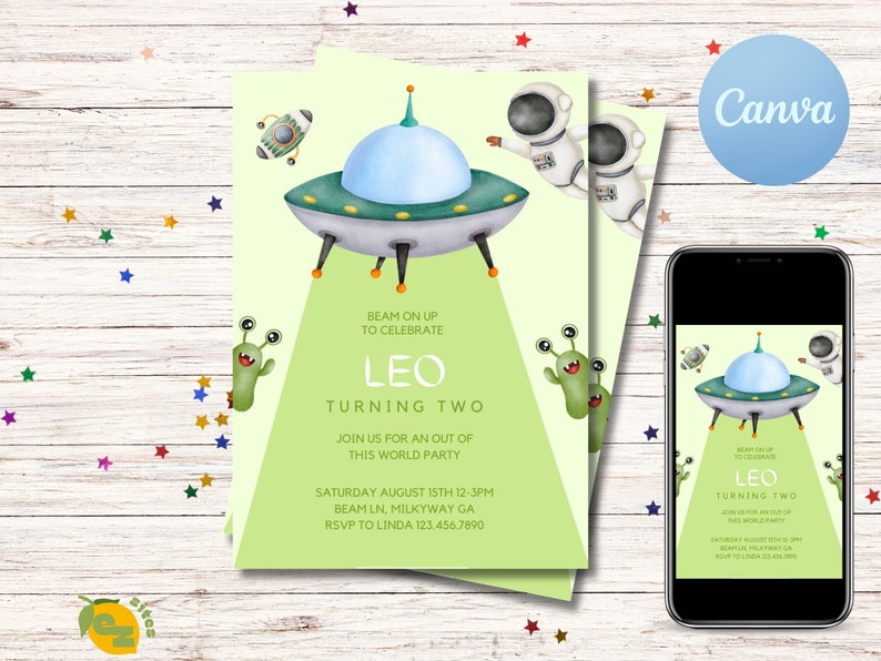 Editable Boys Alien Birthday Invitation UFO Green Birthday - Etsy